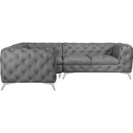 Chesterfield-Sofa LEONIQUE "Ecksofa GLYNIS L-Form mit Wellenunterfederung, Maße B/T/H 264/204/75cm", grau (hellgrau), B:264cm H:75cm T:204cm, Struktur (100% Polyester);Samtoptik (100% Polyester), Sofas, aufwändige Knopfheftung, moderne Chesterfield Optik, Fußfarbe wählbar