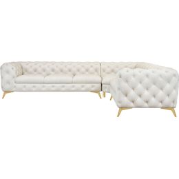 Chesterfield-Sofa LEONIQUE "Ecksofa GLYNIS L-Form mit Wellenunterfederung, Maße B/T/H 323/264/75cm", beige, B:323cm H:75cm T:264cm, Struktur (100% Polyester);Samtoptik (100% Polyester), Sofas, aufwändige Knopfheftung, moderne Chesterfield Optik, Fußfarbe wählbar