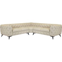 Chesterfield-Sofa LEONIQUE "Ecksofa GLYNIS L-Form mit Wellenunterfederung, Maße B/T/H 264/264/75cm", beige (creme), B:264cm H:75cm T:264cm, Struktur (100% Polyester);Samtoptik (100% Polyester), Sofas, aufwändige Knopfheftung, moderne Chesterfield Optik, Fußfarbe wählbar
