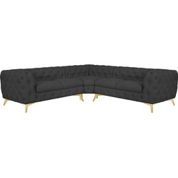 Chesterfield-Sofa LEONIQUE "Ecksofa GLYNIS L-Form mit Wellenunterfederung, Maße B/T/H 264/264/75cm", grau (anthrazit), H:75cm T:264cm, Struktur (100% Polyester);Samtoptik (100% Polyester), Sofas, aufwändige Knopfheftung, moderne Chesterfield Optik, Fußfarbe wählbar