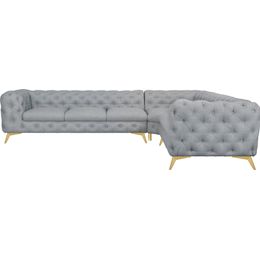 Chesterfield-Sofa LEONIQUE "Ecksofa GLYNIS L-Form mit Wellenunterfederung, Maße B/T/H 323/264/75cm", grau, B:323cm H:75cm T:264cm, Struktur (100% Polyester);Samtoptik (100% Polyester), Sofas, aufwändige Knopfheftung, moderne Chesterfield Optik, Fußfarbe wählbar