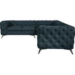 Chesterfield-Sofa LEONIQUE "Ecksofa GLYNIS L-Form mit Wellenunterfederung, Maße B/T/H 323/264/75cm", blau (petrol), B:323cm H:75cm T:264cm, Struktur (100% Polyester);Samtoptik (100% Polyester), Sofas, aufwändige Knopfheftung, moderne Chesterfield Optik, Fußfarbe wählbar
