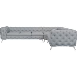 Chesterfield-Sofa LEONIQUE "Ecksofa GLYNIS L-Form mit Wellenunterfederung, Maße B/T/H 323/264/75cm", grau, B:323cm H:75cm T:264cm, Struktur (100% Polyester);Samtoptik (100% Polyester), Sofas, aufwändige Knopfheftung, moderne Chesterfield Optik, Fußfarbe wählbar