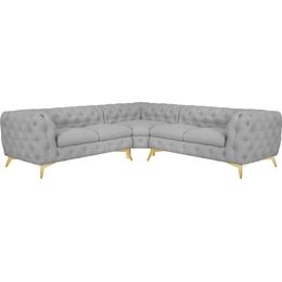 Chesterfield-Sofa LEONIQUE "Ecksofa GLYNIS L-Form mit Wellenunterfederung, Maße B/T/H 264/264/75cm", grau, H:75cm T:264cm, Struktur (100% Polyester);Samtoptik (100% Polyester), Sofas, aufwändige Knopfheftung, moderne Chesterfield Optik, Fußfarbe wählbar
