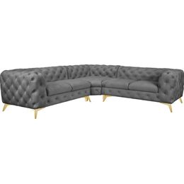 Chesterfield-Sofa LEONIQUE "Ecksofa GLYNIS L-Form mit Wellenunterfederung, Maße B/T/H 264/264/75cm", grau (hellgrau), H:75cm T:264cm, Struktur (100% Polyester);Samtoptik (100% Polyester), Sofas, aufwändige Knopfheftung, moderne Chesterfield Optik, Fußfarbe wählbar