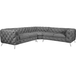 Chesterfield-Sofa LEONIQUE "Ecksofa GLYNIS L-Form mit Wellenunterfederung, Maße B/T/H 264/264/75cm", grau (hellgrau), H:75cm T:264cm, Struktur (100% Polyester);Samtoptik (100% Polyester), Sofas, aufwändige Knopfheftung, moderne Chesterfield Optik, Fußfarbe wählbar