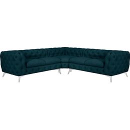 Chesterfield-Sofa LEONIQUE "Ecksofa GLYNIS L-Form mit Wellenunterfederung, Maße B/T/H 264/264/75cm", blau (petrol), H:75cm T:264cm, Struktur (100% Polyester);Samtoptik (100% Polyester), Sofas, aufwändige Knopfheftung, moderne Chesterfield Optik, Fußfarbe wählbar