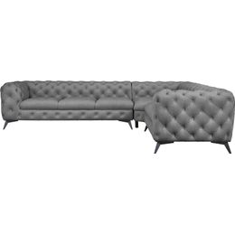 Chesterfield-Sofa LEONIQUE "Ecksofa GLYNIS L-Form mit Wellenunterfederung, Maße B/T/H 323/264/75cm", grau (hellgrau), B:323cm H:75cm T:264cm, Struktur (100% Polyester);Samtoptik (100% Polyester), Sofas, aufwändige Knopfheftung, moderne Chesterfield Optik, Fußfarbe wählbar