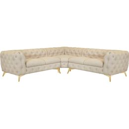 Chesterfield-Sofa LEONIQUE "Ecksofa GLYNIS L-Form mit Wellenunterfederung, Maße B/T/H 264/264/75cm", beige (creme), H:75cm T:264cm, Struktur (100% Polyester);Samtoptik (100% Polyester), Sofas, aufwändige Knopfheftung, moderne Chesterfield Optik, Fußfarbe wählbar
