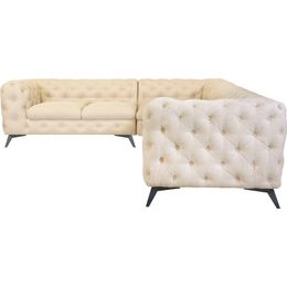 Chesterfield-Sofa LEONIQUE "Ecksofa GLYNIS L-Form mit Wellenunterfederung, Maße B/T/H 323/264/75cm", beige (creme), B:323cm H:75cm T:264cm, Struktur (100% Polyester);Samtoptik (100% Polyester), Sofas, aufwändige Knopfheftung, moderne Chesterfield Optik, Fußfarbe wählbar