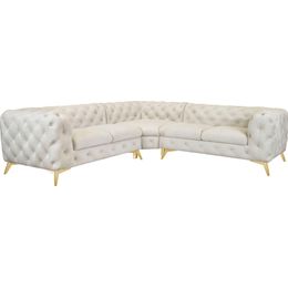 Chesterfield-Sofa LEONIQUE "Ecksofa GLYNIS L-Form mit Wellenunterfederung, Maße B/T/H 264/264/75cm", beige, H:75cm T:264cm, Struktur (100% Polyester);Samtoptik (100% Polyester), Sofas, aufwändige Knopfheftung, moderne Chesterfield Optik, Fußfarbe wählbar