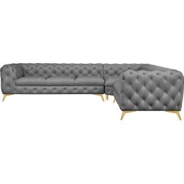 Chesterfield-Sofa LEONIQUE "Ecksofa GLYNIS L-Form mit Wellenunterfederung, Maße B/T/H 323/264/75cm", grau (hellgrau), B:323cm H:75cm T:264cm, Struktur (100% Polyester);Samtoptik (100% Polyester), Sofas, aufwändige Knopfheftung, moderne Chesterfield Optik, Fußfarbe wählbar