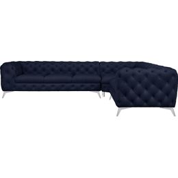 Chesterfield-Sofa LEONIQUE "Ecksofa GLYNIS L-Form mit Wellenunterfederung, Maße B/T/H 323/264/75cm", blau (deep ocean), B:323cm H:75cm T:264cm, Struktur (100% Polyester);Samtoptik (100% Polyester), Sofas, aufwändige Knopfheftung, moderne Chesterfield Optik, Fußfarbe wählbar