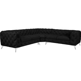 Chesterfield-Sofa LEONIQUE "Ecksofa GLYNIS L-Form mit Wellenunterfederung, Maße B/T/H 264/264/75cm", grau (charcoal), H:75cm T:264cm, Struktur (100% Polyester);Samtoptik (100% Polyester), Sofas, aufwändige Knopfheftung, moderne Chesterfield Optik, Fußfarbe wählbar