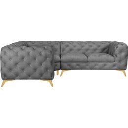 Chesterfield-Sofa LEONIQUE "Ecksofa GLYNIS L-Form mit Wellenunterfederung, Maße B/T/H 264/204/75cm", grau (hellgrau), B:264cm H:75cm T:204cm, Struktur (100% Polyester);Samtoptik (100% Polyester), Sofas, aufwändige Knopfheftung, moderne Chesterfield Optik, Fußfarbe wählbar