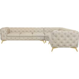 Chesterfield-Sofa LEONIQUE "Ecksofa GLYNIS L-Form mit Wellenunterfederung, Maße B/T/H 323/264/75cm", beige (creme), B:323cm H:75cm T:264cm, Struktur (100% Polyester);Samtoptik (100% Polyester), Sofas, aufwändige Knopfheftung, moderne Chesterfield Optik, Fußfarbe wählbar