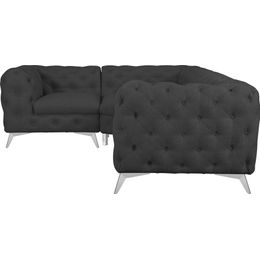 Chesterfield-Sofa LEONIQUE "Ecksofa GLYNIS L-Form mit Wellenunterfederung, Maße B/T/H 264/204/75cm", grau (anthrazit), B:264cm H:75cm T:204cm, Struktur (100% Polyester);Samtoptik (100% Polyester), Sofas, aufwändige Knopfheftung, moderne Chesterfield Optik, Fußfarbe wählbar