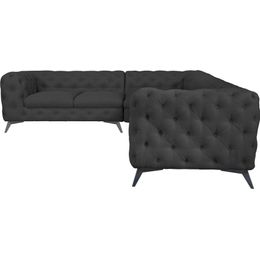 Chesterfield-Sofa LEONIQUE "Ecksofa GLYNIS L-Form mit Wellenunterfederung, Maße B/T/H 323/264/75cm", grau (anthrazit), B:323cm H:75cm T:264cm, Struktur (100% Polyester);Samtoptik (100% Polyester), Sofas, aufwändige Knopfheftung, moderne Chesterfield Optik, Fußfarbe wählbar