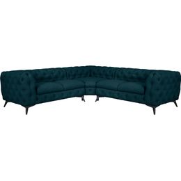 Chesterfield-Sofa LEONIQUE "Ecksofa GLYNIS L-Form mit Wellenunterfederung, Maße B/T/H 264/264/75cm", blau (petrol), B:264cm H:75cm T:264cm, Struktur (100% Polyester);Samtoptik (100% Polyester), Sofas, aufwändige Knopfheftung, moderne Chesterfield Optik, Fußfarbe wählbar
