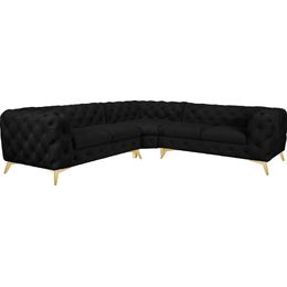 Chesterfield-Sofa LEONIQUE "Ecksofa GLYNIS L-Form mit Wellenunterfederung, Maße B/T/H 264/264/75cm", grau (charcoal), H:75cm T:264cm, Struktur (100% Polyester);Samtoptik (100% Polyester), Sofas, aufwändige Knopfheftung, moderne Chesterfield Optik, Fußfarbe wählbar
