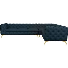 Chesterfield-Sofa LEONIQUE "Ecksofa GLYNIS L-Form mit Wellenunterfederung, Maße B/T/H 323/264/75cm", blau (petrol), B:323cm H:75cm T:264cm, Struktur (100% Polyester);Samtoptik (100% Polyester), Sofas, aufwändige Knopfheftung, moderne Chesterfield Optik, Fußfarbe wählbar