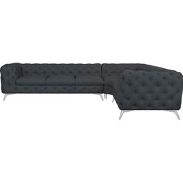Chesterfield-Sofa LEONIQUE "Ecksofa GLYNIS L-Form mit Wellenunterfederung, Maße B/T/H 323/264/75cm", grau (anthrazit), B:323cm H:75cm T:264cm, Struktur (100% Polyester);Samtoptik (100% Polyester), Sofas, aufwändige Knopfheftung, moderne Chesterfield Optik, Fußfarbe wählbar
