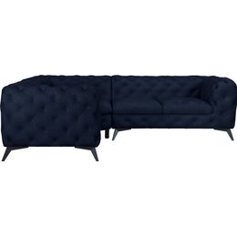 Chesterfield-Sofa LEONIQUE "Ecksofa GLYNIS L-Form mit Wellenunterfederung, Maße B/T/H 264/204/75cm", blau (deep ocean), B:264cm H:75cm T:204cm, Struktur (100% Polyester);Samtoptik (100% Polyester), Sofas, aufwändige Knopfheftung, moderne Chesterfield Optik, Fußfarbe wählbar