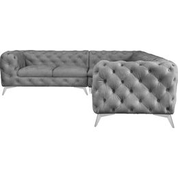 Chesterfield-Sofa LEONIQUE "Ecksofa GLYNIS L-Form mit Wellenunterfederung, Maße B/T/H 323/264/75cm", grau (hellgrau), B:323cm H:75cm T:264cm, Struktur (100% Polyester);Samtoptik (100% Polyester), Sofas, aufwändige Knopfheftung, moderne Chesterfield Optik, Fußfarbe wählbar