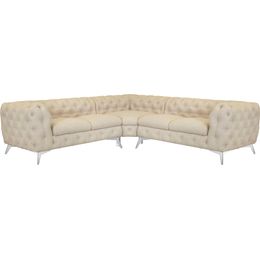 Chesterfield-Sofa LEONIQUE "Ecksofa GLYNIS L-Form mit Wellenunterfederung, Maße B/T/H 264/264/75cm", beige (creme), H:75cm T:264cm, Struktur (100% Polyester);Samtoptik (100% Polyester), Sofas, aufwändige Knopfheftung, moderne Chesterfield Optik, Fußfarbe wählbar