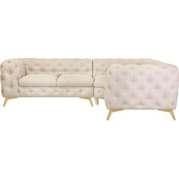 Chesterfield-Sofa LEONIQUE "Ecksofa GLYNIS L-Form mit Wellenunterfederung, Maße B/T/H 264/204/75cm", beige (creme), B:264cm H:75cm T:204cm, Struktur (100% Polyester);Samtoptik (100% Polyester), Sofas, aufwändige Knopfheftung, moderne Chesterfield Optik, Fußfarbe wählbar