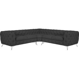 Chesterfield-Sofa LEONIQUE "Ecksofa GLYNIS L-Form mit Wellenunterfederung, Maße B/T/H 264/264/75cm", grau (anthrazit), H:75cm T:264cm, Struktur (100% Polyester);Samtoptik (100% Polyester), Sofas, aufwändige Knopfheftung, moderne Chesterfield Optik, Fußfarbe wählbar