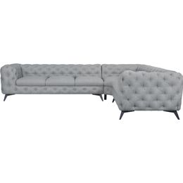 Chesterfield-Sofa LEONIQUE "Ecksofa GLYNIS L-Form mit Wellenunterfederung, Maße B/T/H 323/264/75cm", grau, B:323cm H:75cm T:264cm, Struktur (100% Polyester);Samtoptik (100% Polyester), Sofas, aufwändige Knopfheftung, moderne Chesterfield Optik, Fußfarbe wählbar
