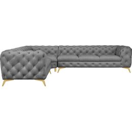Chesterfield-Sofa LEONIQUE "Ecksofa GLYNIS L-Form mit Wellenunterfederung, Maße B/T/H 323/264/75cm", grau (hellgrau), B:323cm H:75cm T:264cm, Struktur (100% Polyester);Samtoptik (100% Polyester), Sofas, aufwändige Knopfheftung, moderne Chesterfield Optik, Fußfarbe wählbar