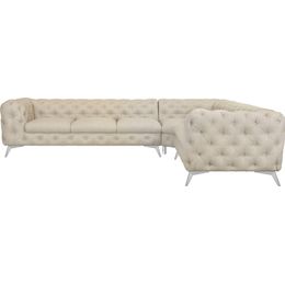 Chesterfield-Sofa LEONIQUE "Ecksofa GLYNIS L-Form mit Wellenunterfederung, Maße B/T/H 323/264/75cm", beige (creme), B:323cm H:75cm T:264cm, Struktur (100% Polyester);Samtoptik (100% Polyester), Sofas, aufwändige Knopfheftung, moderne Chesterfield Optik, Fußfarbe wählbar
