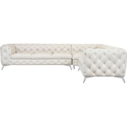 Chesterfield-Sofa LEONIQUE "Ecksofa GLYNIS L-Form mit Wellenunterfederung, Maße B/T/H 323/264/75cm", beige, B:323cm H:75cm T:264cm, Struktur (100% Polyester);Samtoptik (100% Polyester), Sofas, aufwändige Knopfheftung, moderne Chesterfield Optik, Fußfarbe wählbar