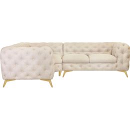 Chesterfield-Sofa LEONIQUE "Ecksofa GLYNIS L-Form mit Wellenunterfederung, Maße B/T/H 264/204/75cm", beige (creme), B:264cm H:75cm T:204cm, Struktur (100% Polyester);Samtoptik (100% Polyester), Sofas, aufwändige Knopfheftung, moderne Chesterfield Optik, Fußfarbe wählbar