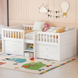 Flieks Kinderbett Etagenbett 90x200cm mit 4 Schubladen, Niedriges Hochbett mit Treppe, Stockbett mit Rausfallschutz, Holzbett Einzelbett Weiß