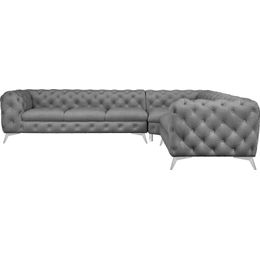 Chesterfield-Sofa LEONIQUE "Ecksofa GLYNIS L-Form mit Wellenunterfederung, Maße B/T/H 323/264/75cm", grau (hellgrau), B:323cm H:75cm T:264cm, Struktur (100% Polyester);Samtoptik (100% Polyester), Sofas, aufwändige Knopfheftung, moderne Chesterfield Optik, Fußfarbe wählbar