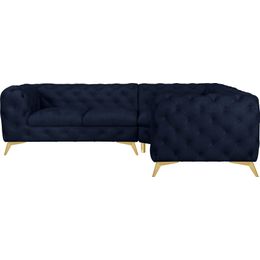 Chesterfield-Sofa LEONIQUE "Ecksofa GLYNIS L-Form mit Wellenunterfederung, Maße B/T/H 264/204/75cm", blau (deep ocean), B:264cm H:75cm T:204cm, Struktur (100% Polyester);Samtoptik (100% Polyester), Sofas, aufwändige Knopfheftung, moderne Chesterfield Optik, Fußfarbe wählbar