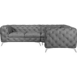 Chesterfield-Sofa LEONIQUE "Ecksofa GLYNIS L-Form mit Wellenunterfederung, Maße B/T/H 264/204/75cm", grau (hellgrau), B:264cm H:75cm T:204cm, Struktur (100% Polyester);Samtoptik (100% Polyester), Sofas, aufwändige Knopfheftung, moderne Chesterfield Optik, Fußfarbe wählbar