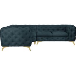 Chesterfield-Sofa LEONIQUE "Ecksofa GLYNIS L-Form mit Wellenunterfederung, Maße B/T/H 264/204/75cm", blau (petrol), B:264cm H:75cm T:204cm, Struktur (100% Polyester);Samtoptik (100% Polyester), Sofas, aufwändige Knopfheftung, moderne Chesterfield Optik, Fußfarbe wählbar