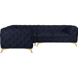 Chesterfield-Sofa LEONIQUE "Ecksofa GLYNIS L-Form mit Wellenunterfederung, Maße B/T/H 264/204/75cm", blau (deep ocean), B:264cm H:75cm T:204cm, Struktur (100% Polyester);Samtoptik (100% Polyester), Sofas, aufwändige Knopfheftung, moderne Chesterfield Optik, Fußfarbe wählbar
