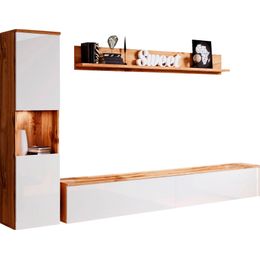 Wohnwand Inosign "PARIS, Vitrine Türanschlag links/rechts wechselbar", weiß (eichefarben wotan, weiß hochglanz), B:220cm H:130cm T:33cm, Kastenmöbel-Sets, grifflose Design, stehend und hängend montierbar