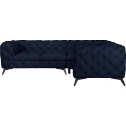 Chesterfield-Sofa LEONIQUE "Ecksofa GLYNIS L-Form mit Wellenunterfederung, Maße B/T/H 264/204/75cm", blau (deep ocean), B:264cm H:75cm T:204cm, Struktur (100% Polyester);Samtoptik (100% Polyester), Sofas, aufwändige Knopfheftung, moderne Chesterfield Optik, Fußfarbe wählbar