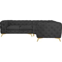 Chesterfield-Sofa LEONIQUE "Ecksofa GLYNIS L-Form mit Wellenunterfederung, Maße B/T/H 264/204/75cm", grau (anthrazit), B:264cm H:75cm T:204cm, Struktur (100% Polyester);Samtoptik (100% Polyester), Sofas, aufwändige Knopfheftung, moderne Chesterfield Optik, Fußfarbe wählbar