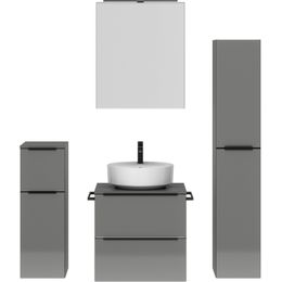 Badmöbel-Set Nobilia "Alvene", grau (schiefergrau), B:140cm H:184,2cm T:48,5cm, Kastenmöbel-Sets, inkl. Spiegelschrank mit Beleuchtung und Dimmerfunktion, in 4 Breiten