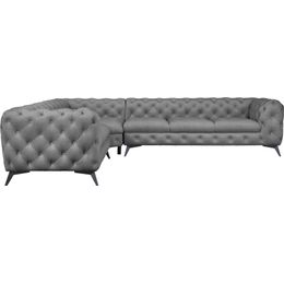 Chesterfield-Sofa LEONIQUE "Ecksofa GLYNIS L-Form mit Wellenunterfederung, Maße B/T/H 323/264/75cm", grau (hellgrau), B:323cm H:75cm T:264cm, Struktur (100% Polyester);Samtoptik (100% Polyester), Sofas, aufwändige Knopfheftung, moderne Chesterfield Optik, Fußfarbe wählbar