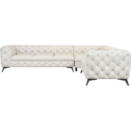 Chesterfield-Sofa LEONIQUE "Ecksofa GLYNIS L-Form mit Wellenunterfederung, Maße B/T/H 323/264/75cm", beige, B:323cm H:75cm T:264cm, Struktur (100% Polyester);Samtoptik (100% Polyester), Sofas, aufwändige Knopfheftung, moderne Chesterfield Optik, Fußfarbe wählbar