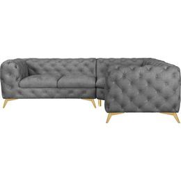 Chesterfield-Sofa LEONIQUE "Ecksofa GLYNIS L-Form mit Wellenunterfederung, Maße B/T/H 264/204/75cm", grau (hellgrau), B:264cm H:75cm T:204cm, Struktur (100% Polyester);Samtoptik (100% Polyester), Sofas, aufwändige Knopfheftung, moderne Chesterfield Optik, Fußfarbe wählbar