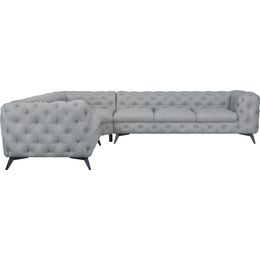 Chesterfield-Sofa LEONIQUE "Ecksofa GLYNIS L-Form mit Wellenunterfederung, Maße B/T/H 323/264/75cm", grau, B:323cm H:75cm T:264cm, Struktur (100% Polyester);Samtoptik (100% Polyester), Sofas, aufwändige Knopfheftung, moderne Chesterfield Optik, Fußfarbe wählbar